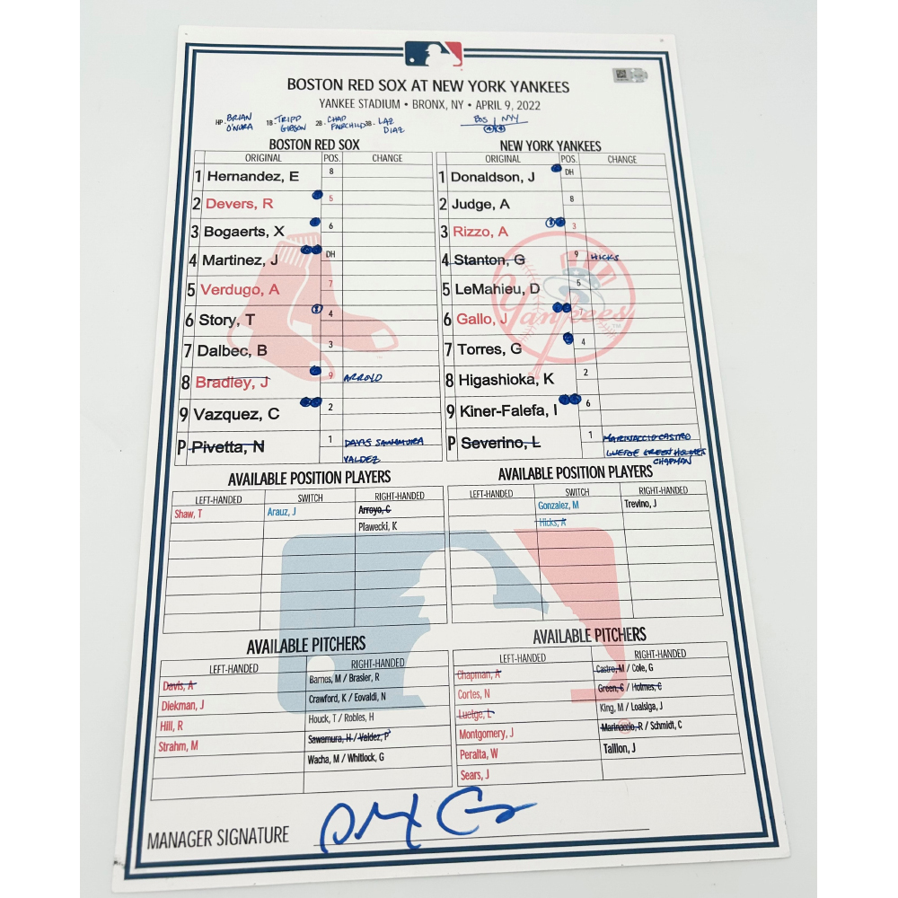 Boston Red Sox at New York Yankees April 9, 2022 Game Used Lineup Card ...
