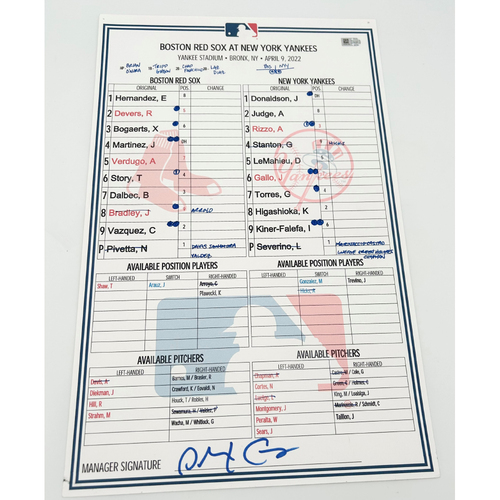 Boston Red Sox at New York Yankees April 9, 2022 Game Used Lineup Card ...