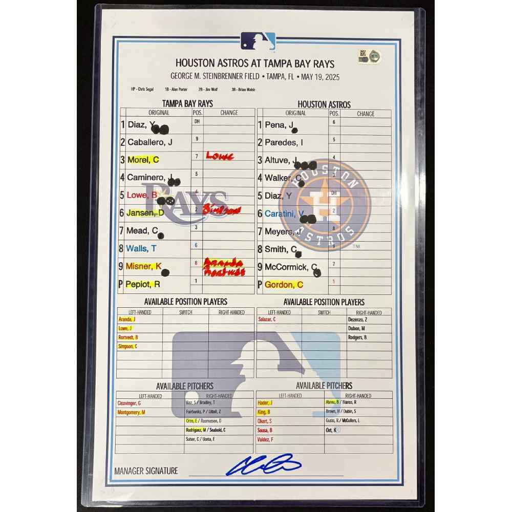 Game Used Lineup Card: Tampa Bay Rays v Houston Astros - May 19, 2025 ...
