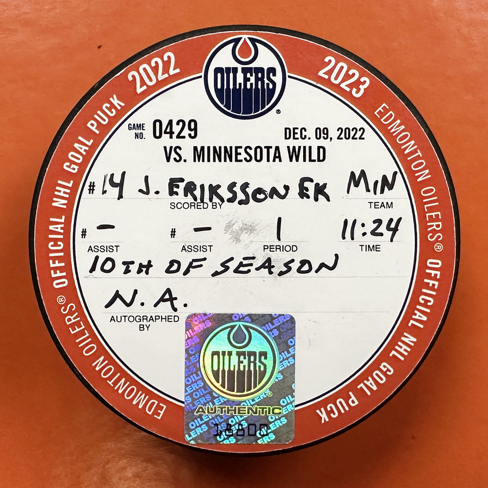 Joel Eriksson #14 - Minnesota Wild Goal Puck From December 9, 2022 Vs ...