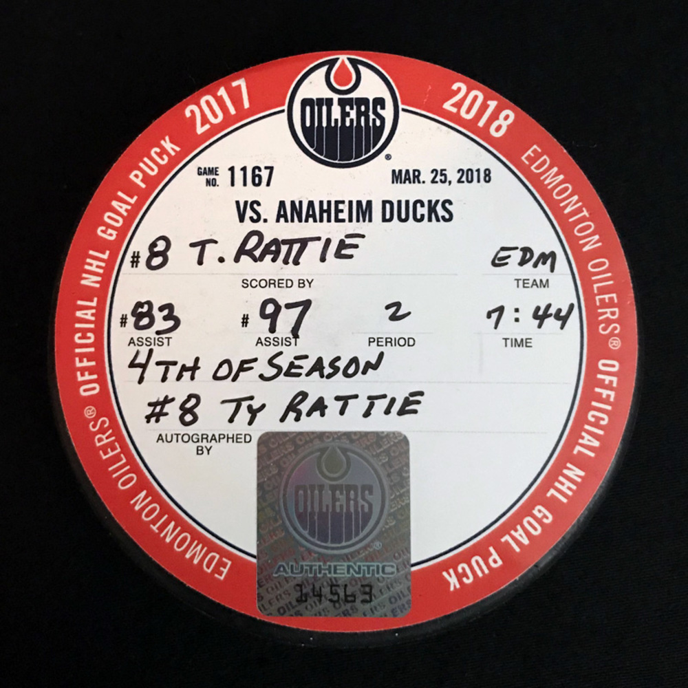 Ty Rattie #8 - Autographed Edmonton Oilers Goal Puck From March 25 ...