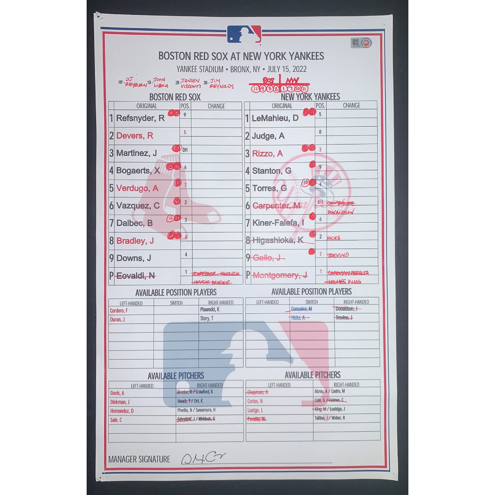 Boston Red Sox at New York Yankees July 15, 2022 Game Used Lineup Card ...