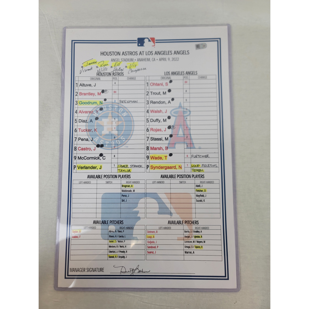 2022 Game-Used Line Up Card: Justin Verlander's First Start of the ...