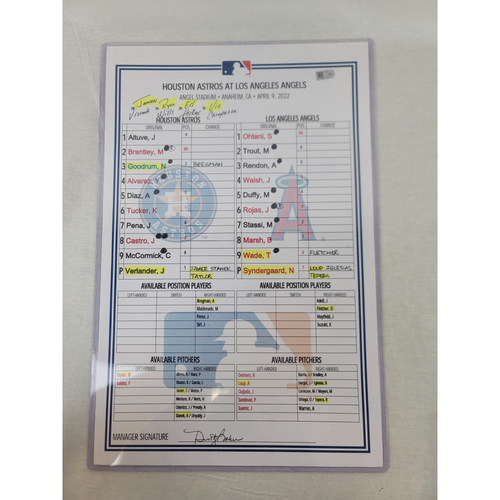 2022 Game-Used Line Up Card: Justin Verlander's First Start of the ...