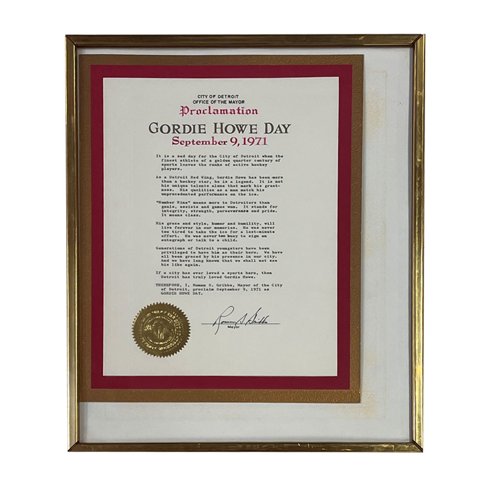 City of Detroit Gordie Howe Day Framed Proclamation - September 9, 1971 ...