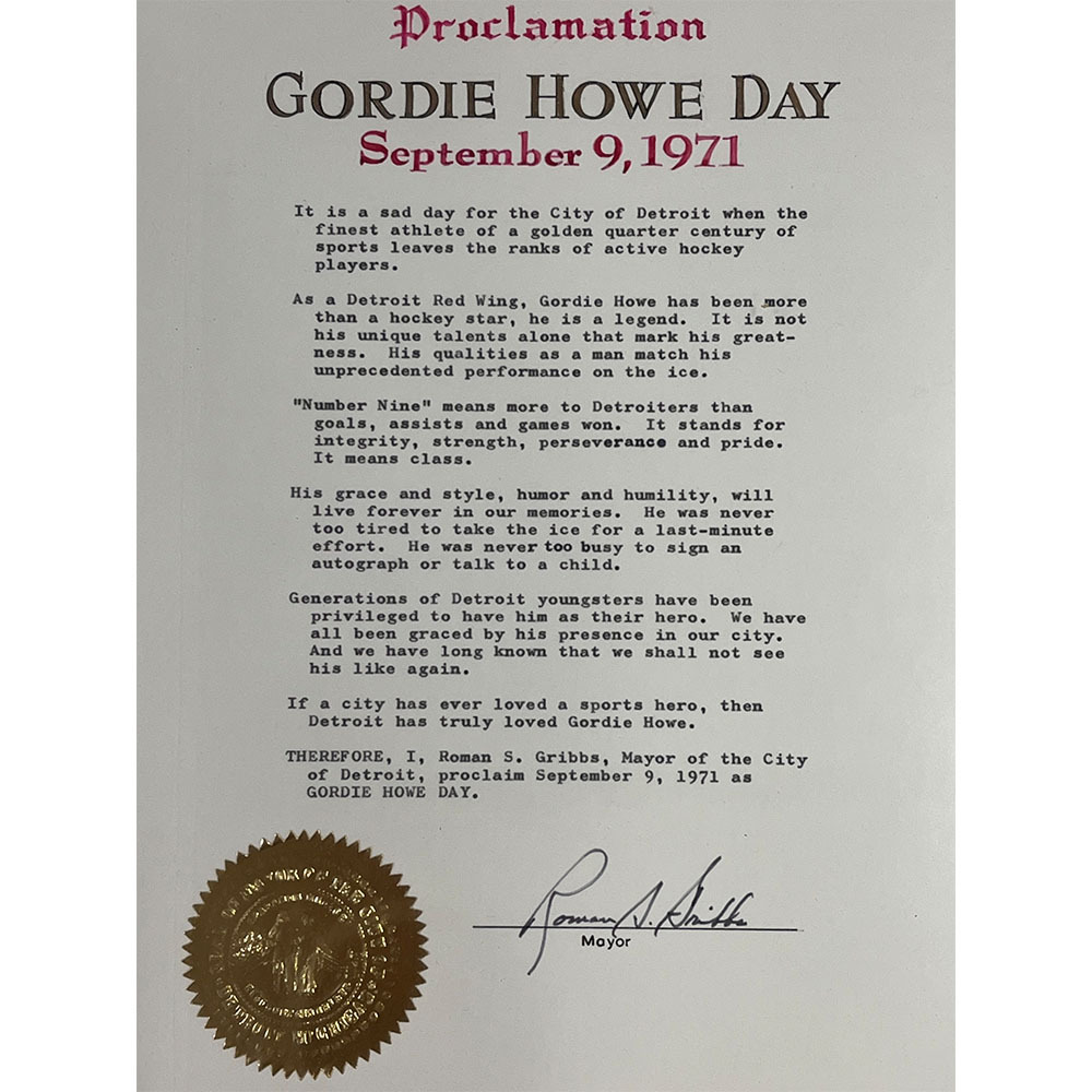 City of Detroit Gordie Howe Day Framed Proclamation - September 9, 1971 ...