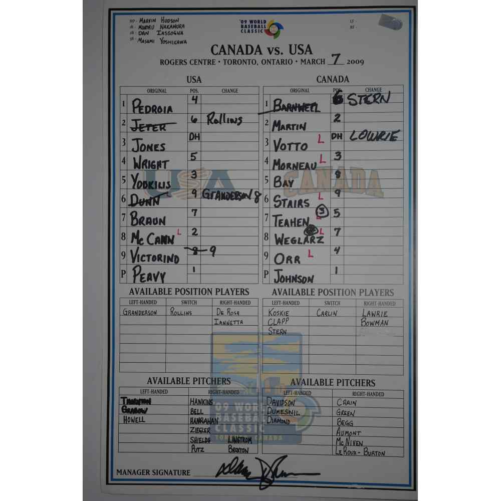 Game-Used Line-Up Card - 2009 World Baseball Classic - Canada vs United ...