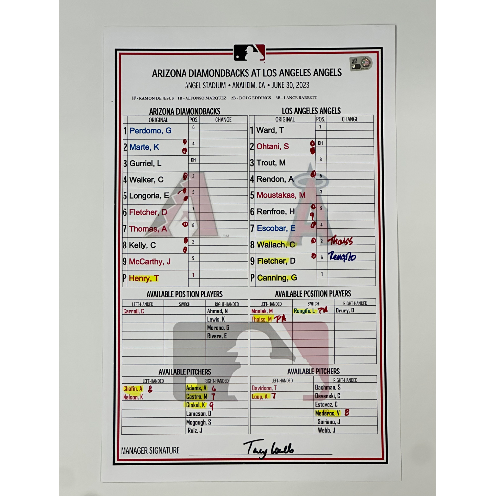 2023 Game Used Lineup Card - June 30 - LAA @ ARI - Henry vs. Canning ...