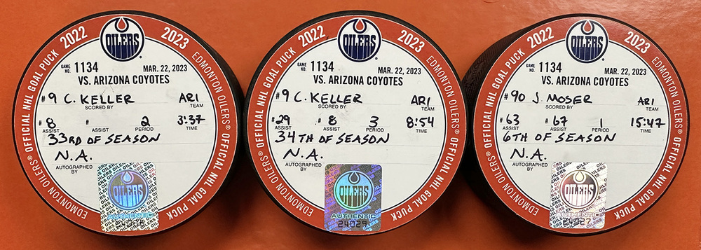 Clayton Keller #9 (x2) & J.J. Moser #90 - Arizona Coyotes Goal Pucks ...