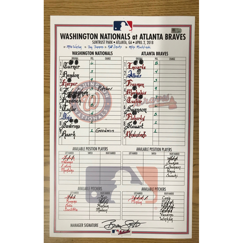 April 2, 2018 Game-Used Lineup Card - Nationals at Braves | MLB Auctions