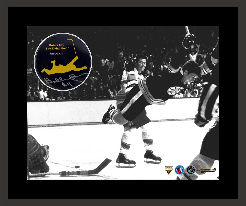 Bobby Orr - Framed Boston Bruins The Flying Goal Puck - NHL Auctions