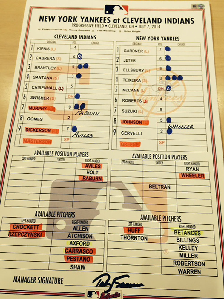 Indians Authentics: Game-Used Lineup Card, New York Yankees @ Cleveland ...