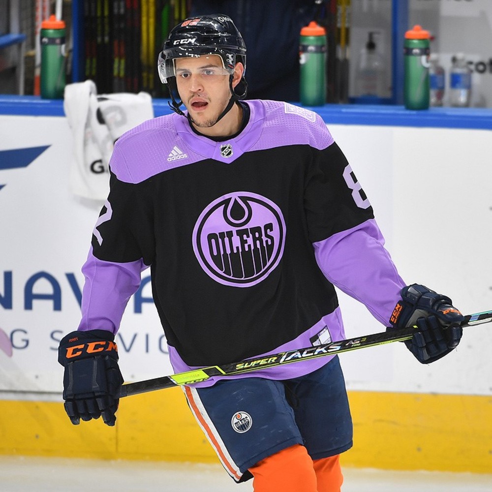Caleb Jones #82 - Autographed 2020-21 Edmonton Oilers Pre-game Warm-Up ...