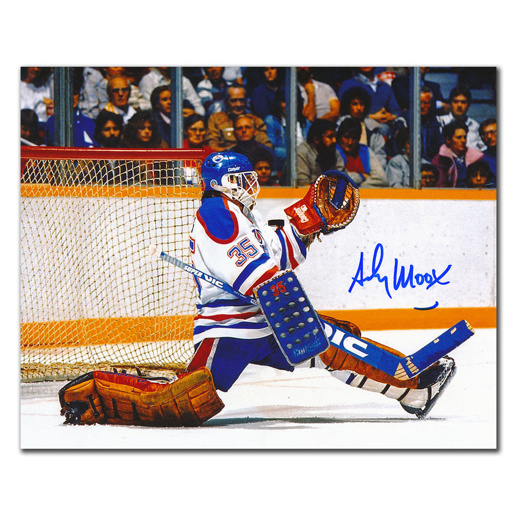 Andy Moog Edmonton Oilers GLOVE SAVE Autographed 8x10 - NHL Auctions