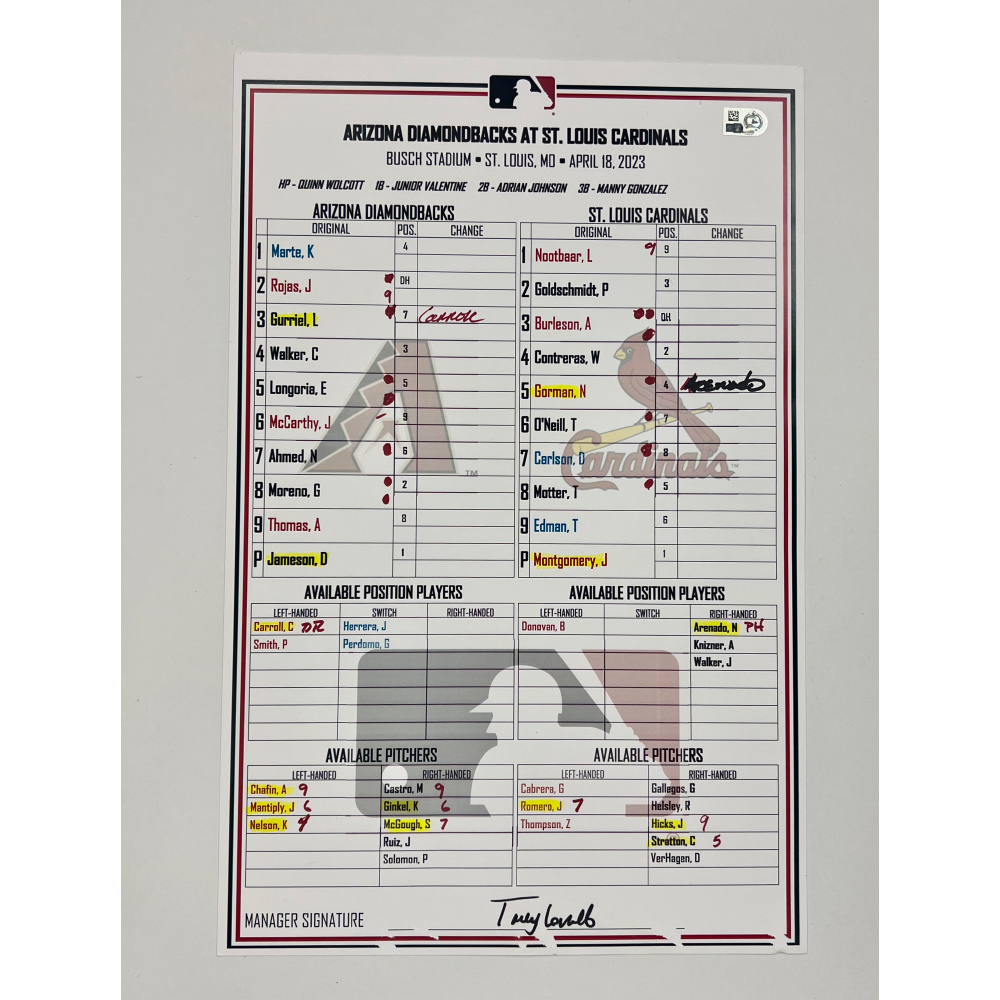 2023 Game Used Line-Up Card - Drey Jameson vs. Jordan Montgomery - ARI ...