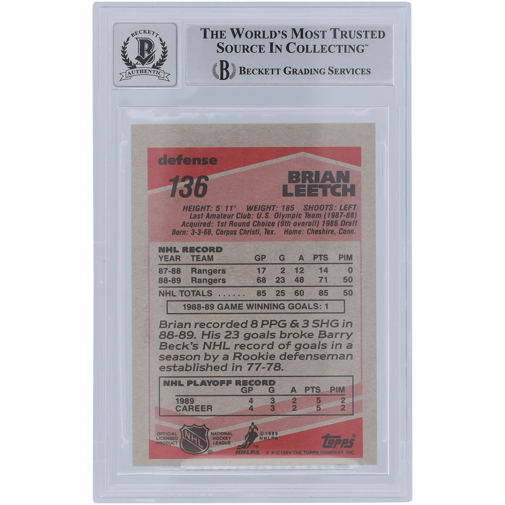 Brian Leetch New York Rangers Autographed 1989-90 Topps #136 Beckett Fanatics Witnessed ...