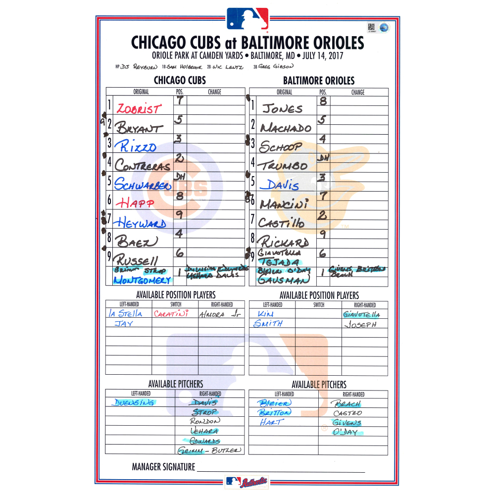 Game-Used Lineup Card -- Cubs Hit 5 HRs -- Cubs at Orioles -- 7/14/17 ...