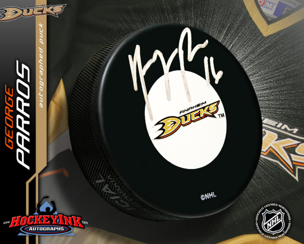 GEORGE PARROS Signed Anaheim Ducks Puck - NHL Auctions