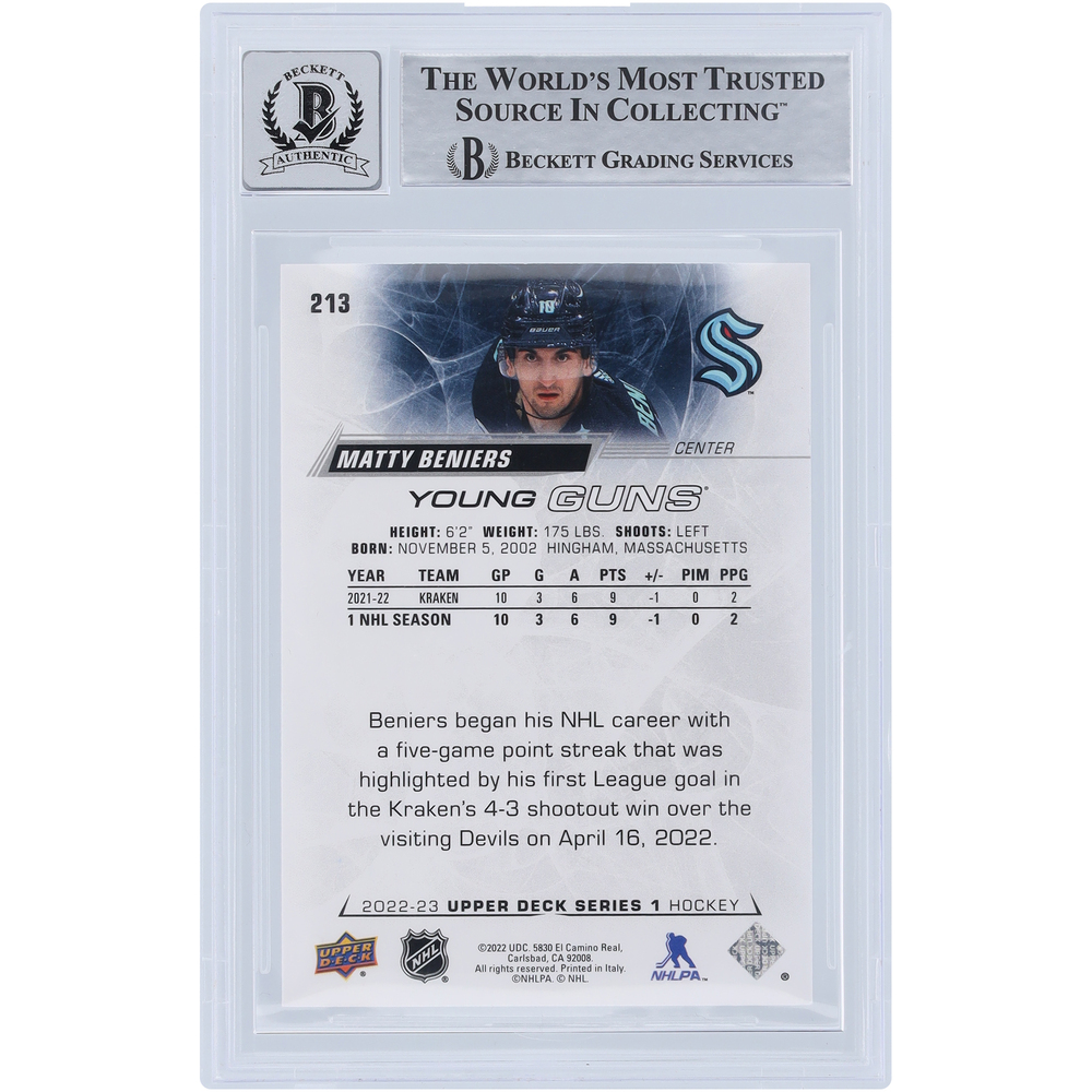 Matty Beniers Seattle Kraken Autographed 2022-23 Upper Deck Series 1 ...