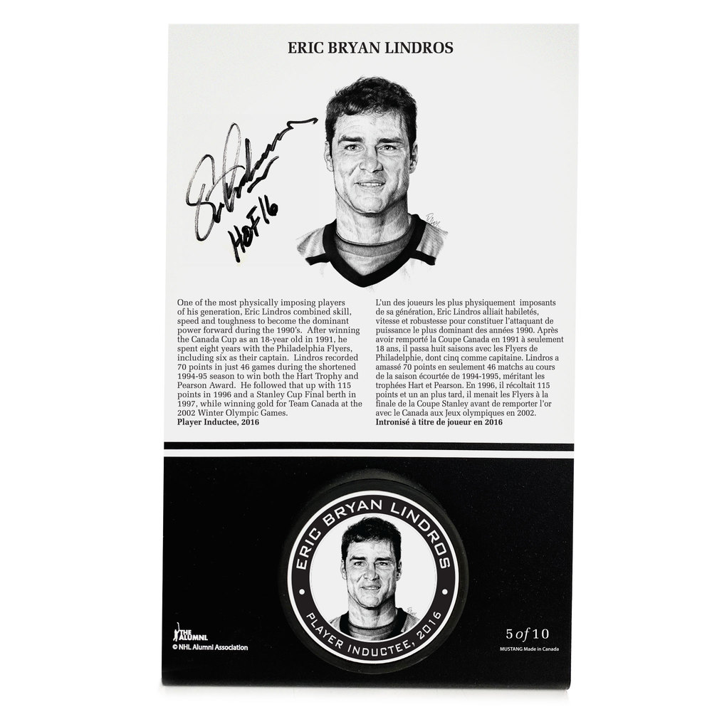 Eric Lindros Autographed Legends Line Honoured Member Puck Stand ...