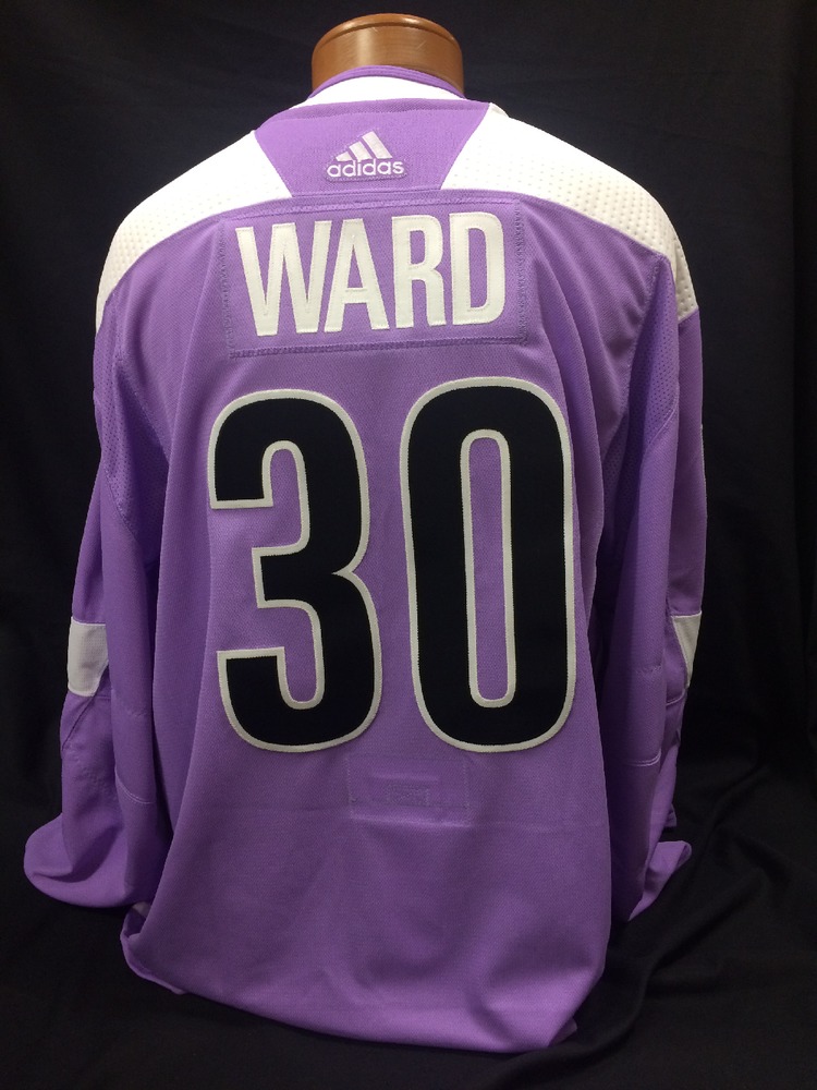 Cam Ward #30 Autographed, Warm Up Worn Hockey Fights Cancer Jersey ...