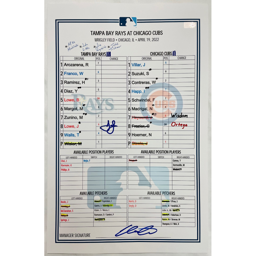 Game Used Autographed Lineup Card: Josh Lowe - Rookie Season - April 19 ...