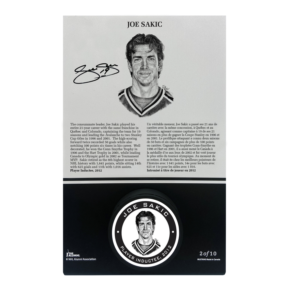 Joe Sakic Autographed Legends Line Honoured Member Puck Stand - Limited ...