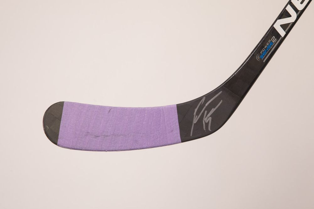 Warm-up used Stick wrapped with lavender tape Signed by #19 Jesper Fast ...