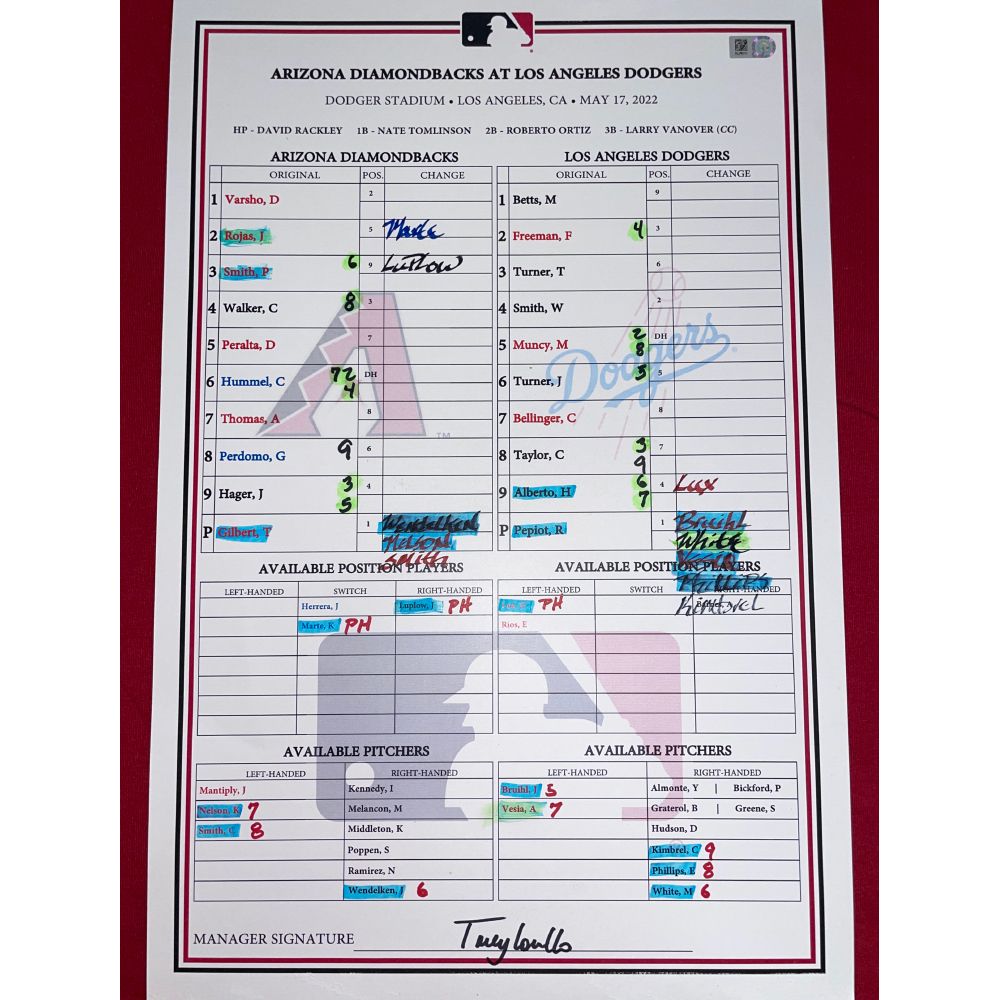 2022 Game Used Line-Up Card - Arizona Diamondbacks vs. Los Angeles ...