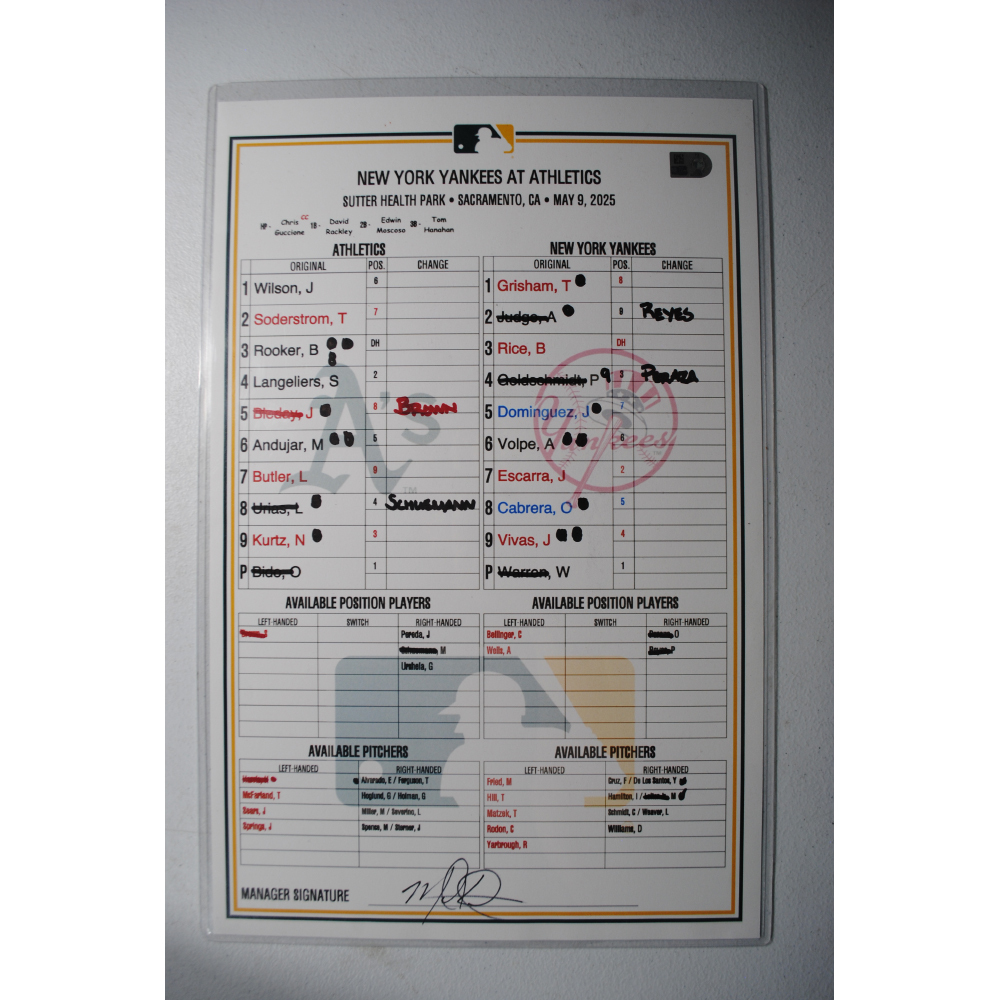 Game-Used Lineup Card - Yankees at Athletics - 5/9/25 - Jasson ...