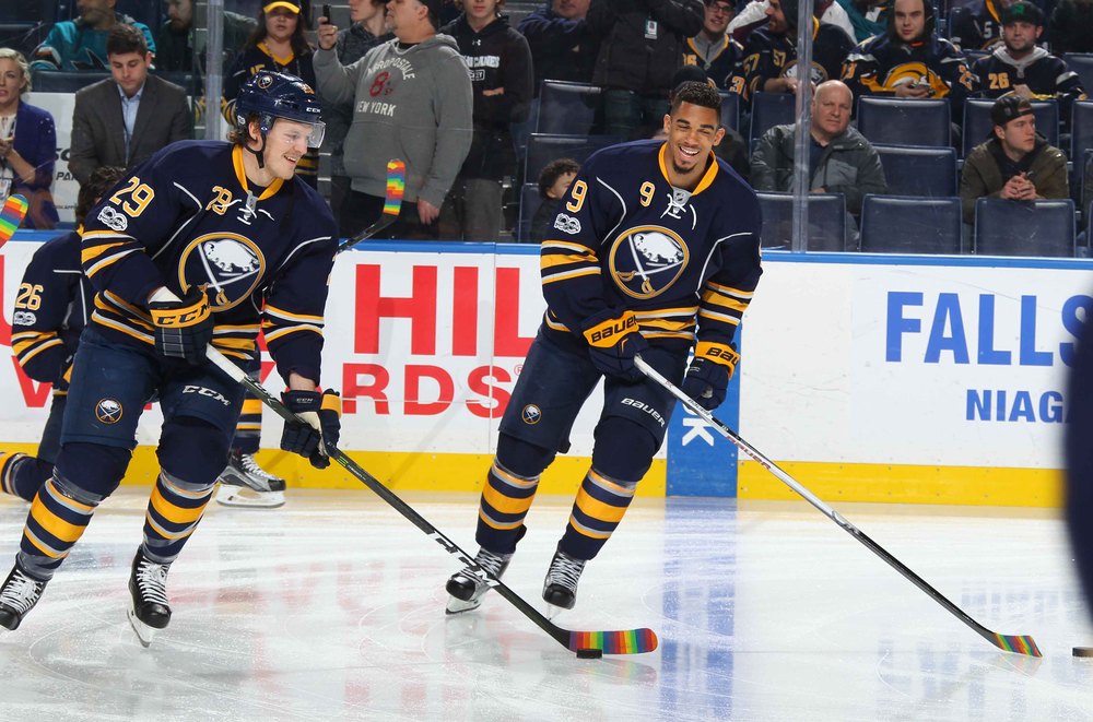 Jake McCabe Autographed Pregame Warm-Up Used Stick with Pride Tape ...