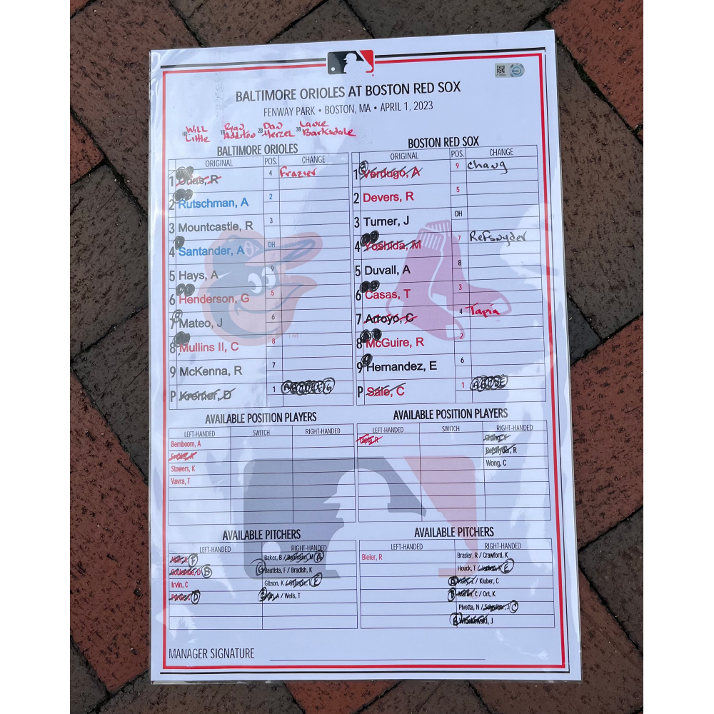 Lineup Card: Game-Used - 4/1/23 @ Red Sox | Baltimore Orioles Auctions