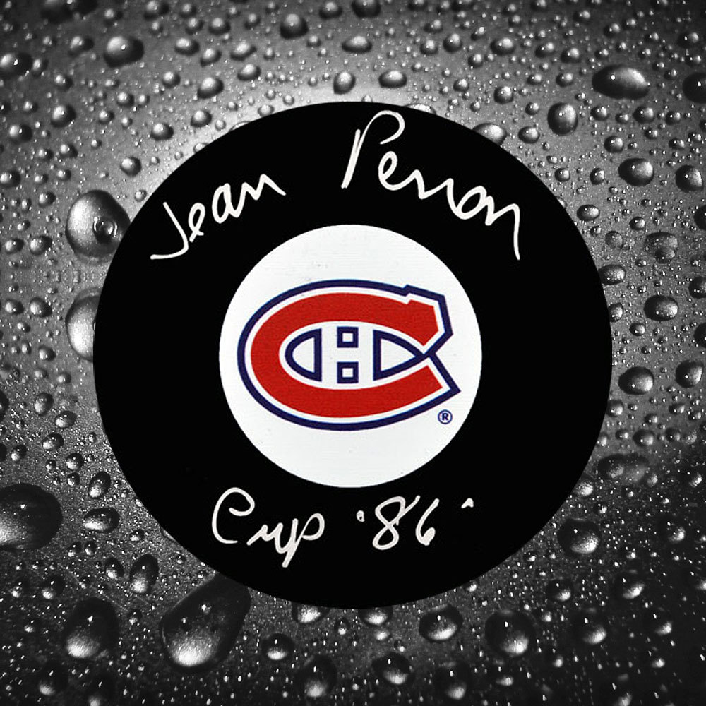 Jean Perron Montreal Canadiens Autographed Puck with 86 Cup Inscription ...
