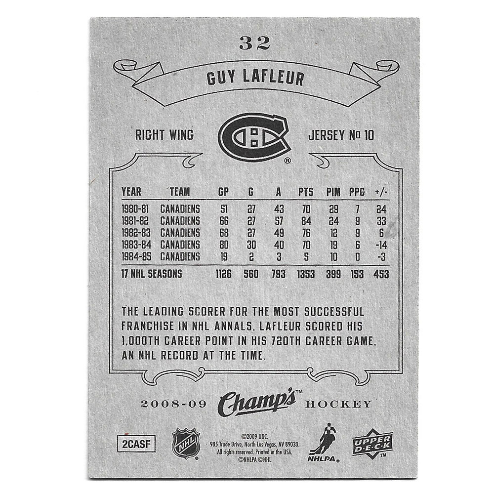 Guy Lafleur Autographed 2008-09 Upper Deck Champs Hockey Card - NHL ...