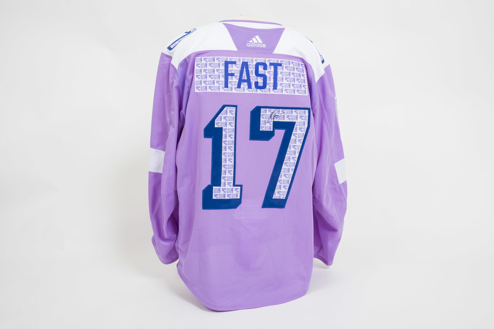 Autographed Jesper Fast lavender warm-up worn jersey for the Hockey ...