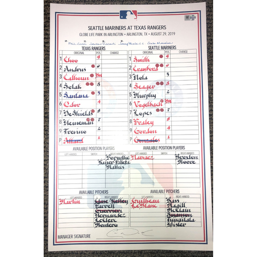 Game-Used Lineup Card - 8/30/19 v SEA | Texas Rangers Auctions