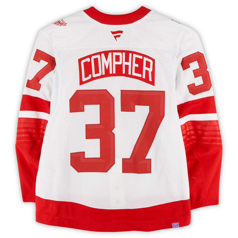 J.T. Compher Detroit Red Wings Game-Used #37 Jersey vs. Columbus Blue ...