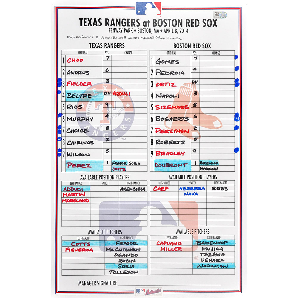 Texas Rangers Lineup Card From Victory Vs. Red Sox on 04/08/14 | MLB ...