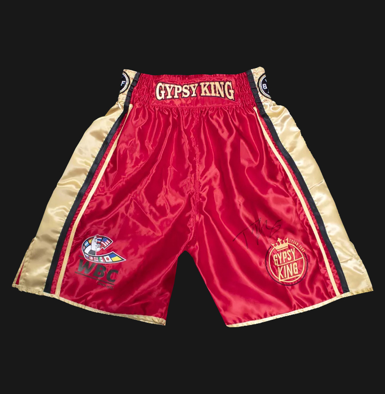 Tyson Fury Signed Red & Gold Boxing Shorts | Icons Auctions
