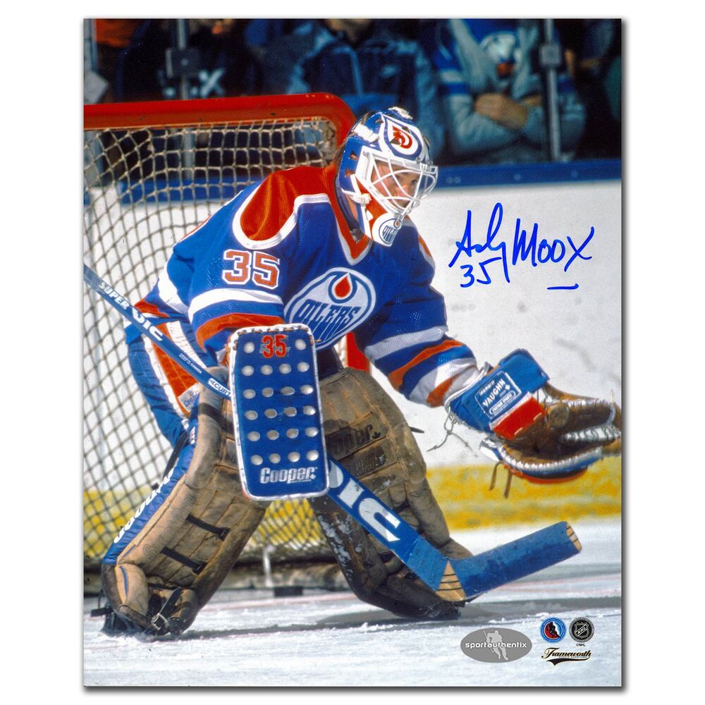 Andy Moog Edmonton Oilers Glove Save Autographed 8x10 - NHL Auctions