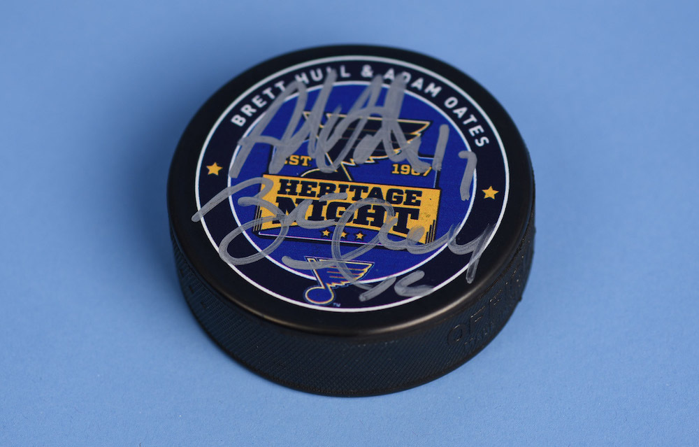 Brett Hull & Adam Oates autographed St. Louis Blues Heritage Night puck ...