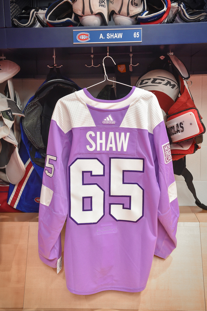 #65 Andrew Shaw Warm-Up Worn and Autographed Hockey Fights Cancer ...