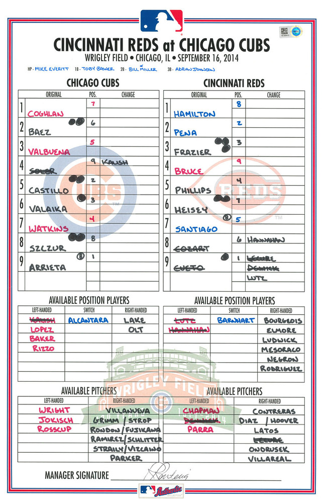 Cubs Authentics: Game-Used Lineup Card - Cubs Win 7-0 - Jake Arrieta ...