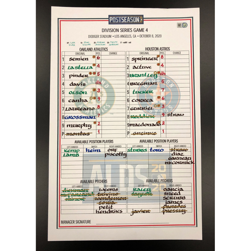 Game-Used 2020 AL Division Series Dugout Lineup Card - Game 4 (10/8/20 ...
