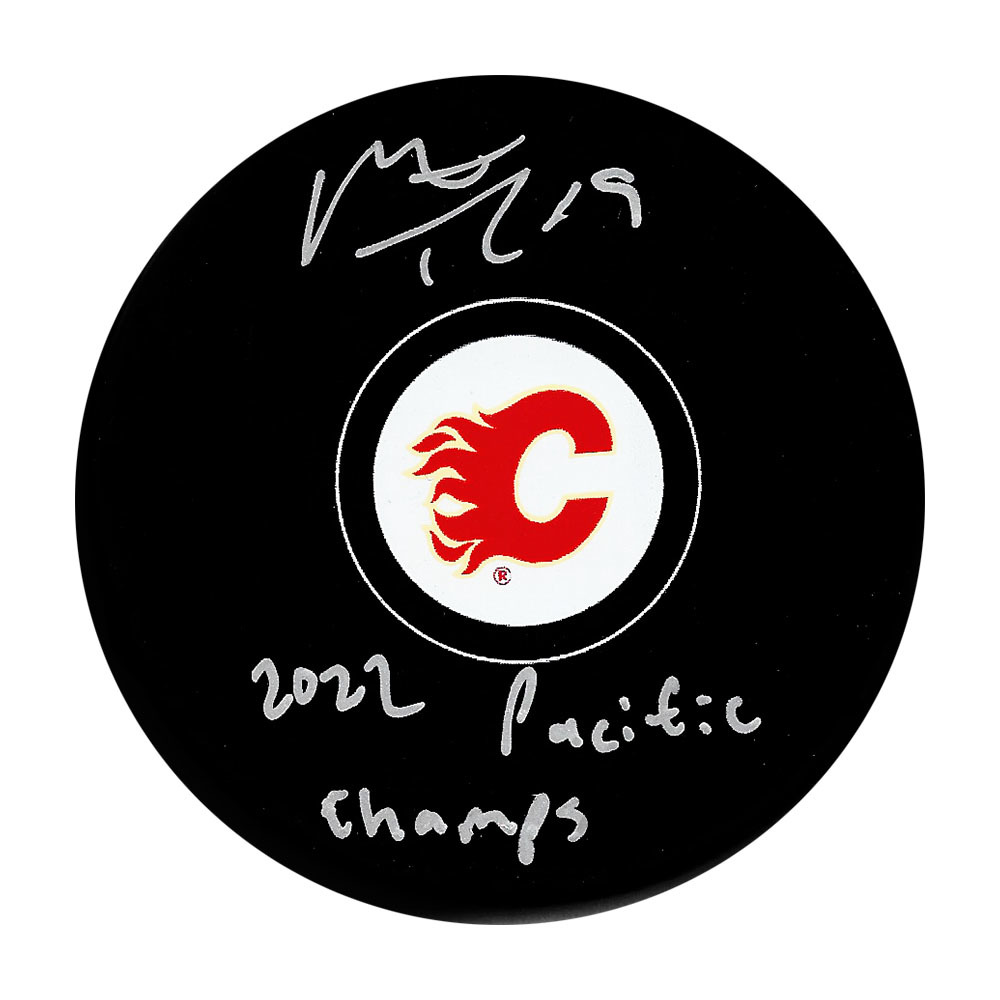Matthew Tkachuk Autographed Calgary Flames Puck w/2022 Pacific Champs ...