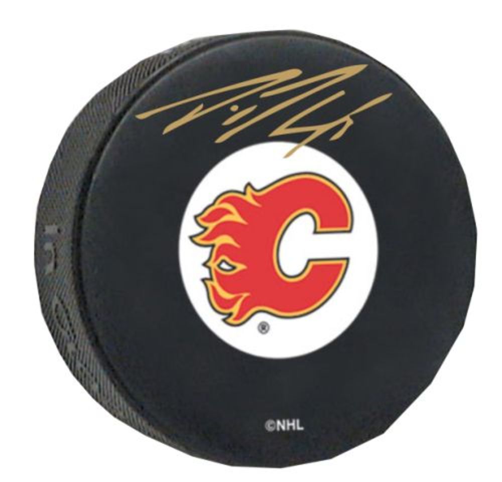 Dion Phaneuf Signed Puck Flames Logo - NHL Auctions