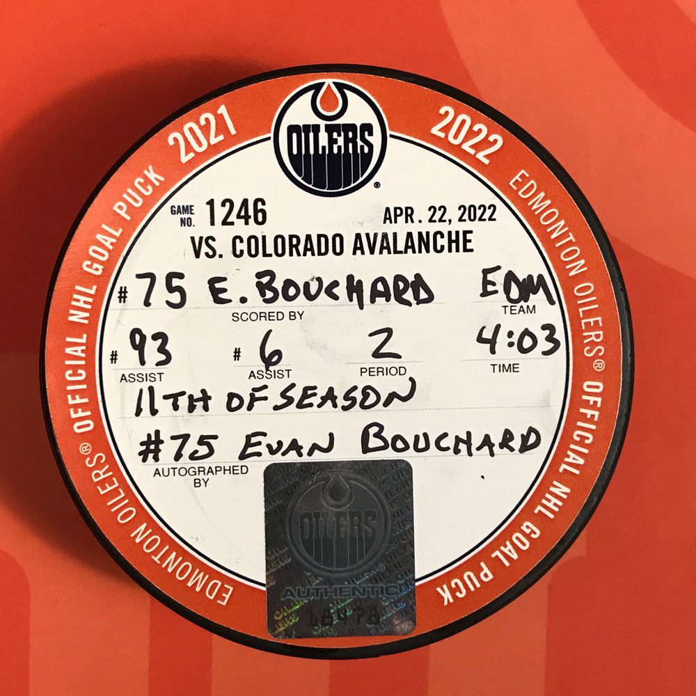 Evan Bouchard #75 - Autographed Edmonton Oilers Goal Puck From April 22 ...