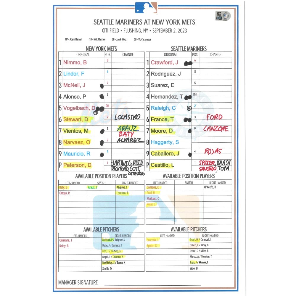 Game Used Dugout Lineup Card - Ronny Mauricio 2nd Career MLB Start, 1st ...