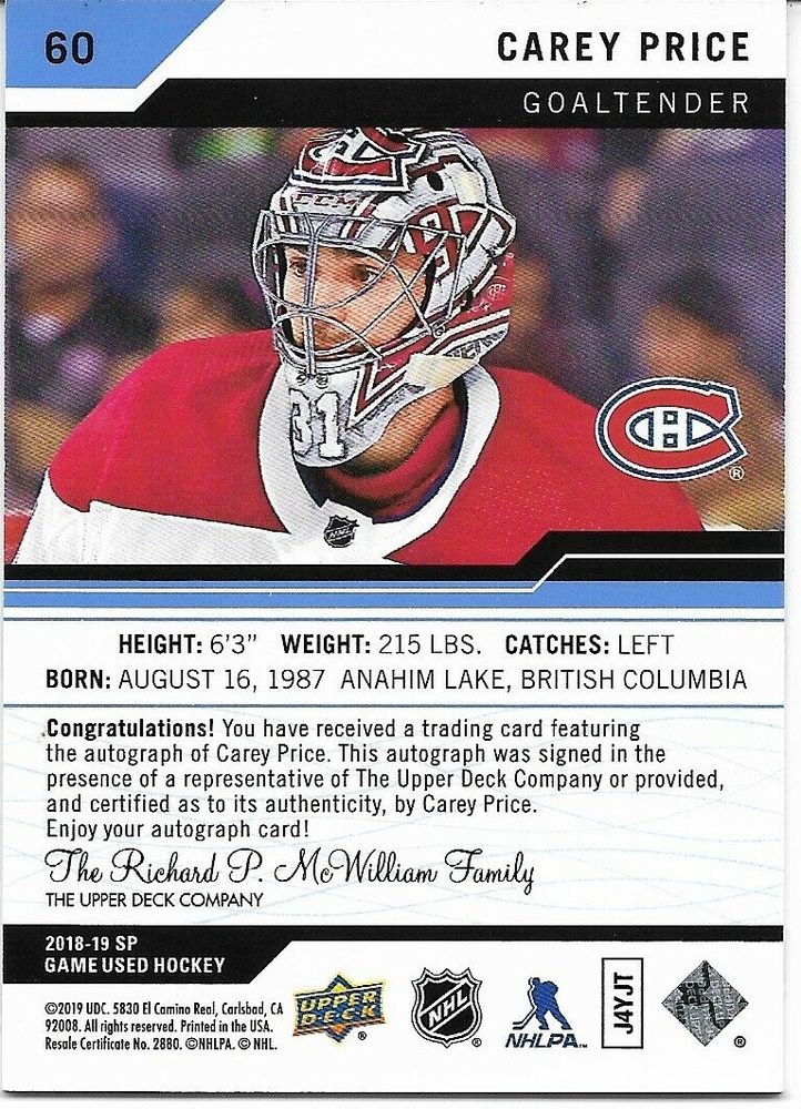 Carey Price Montreal Canadiens 18/19 SP Game Used Autographed Hockey ...