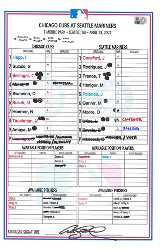 Game-Used Lineup Card - April 13th, 2024 - Cubs at Mariners - Imanaga ...